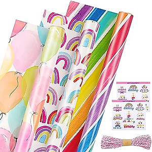 Gift Wrapping Paper Rolls, Pink Colorful Wrapping Paper Rolls Birthday Girls Women, Rainbow Balloon Wrapping Paper Bundle Rolls for Birthday Bridal Baby Shower Wedding, 3 Rolls-17x118inch Per Roll