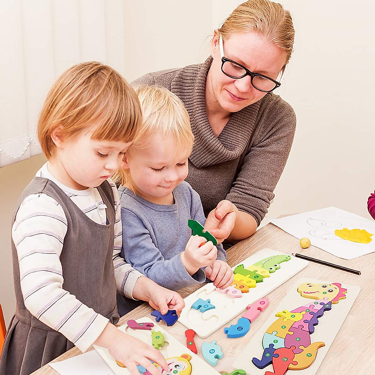 Wooden Jigsaw Puzzle Toy for Toddlers 1-3 Years Old- 3 Sets of Animals Dinosaur Crocodile Monkey,Colorful Wood Numbered Puzzles Baby Infant Kid Preschool Learning Educational Toys.