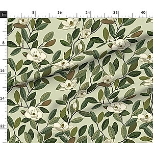 Spoonflower Fabric - Magnolia Blooms Green White Flowers Botanical Floral Printed on Petal Signature Cotton Fabric by The Yard - Sewing Quilting Apparel Crafts Decor