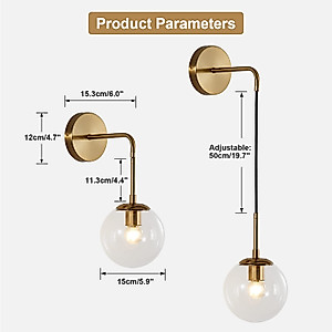 BOKT Mid Century Modern Globe Wall Sconce Lighting Brushed Brass Gold Bathroom Wall Light Clear Bubble Glass Ball Wall Light Fixture Lamp Bedroom Bedside Wall Light (Gold+Clear)