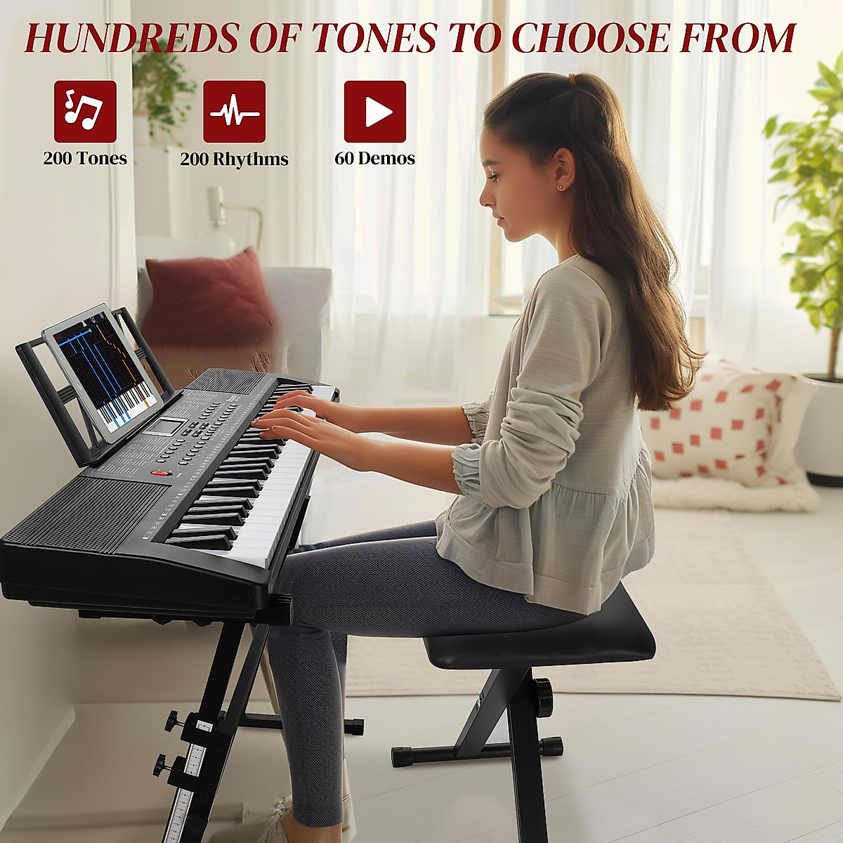 Ktaxon 61 Key Keyboard Piano Electric Keyboard, Electric Piano Set with Headphone, Microphone, Music Rest, Power Adapter, Piano Stand, Piano Bench and Manual (Black)