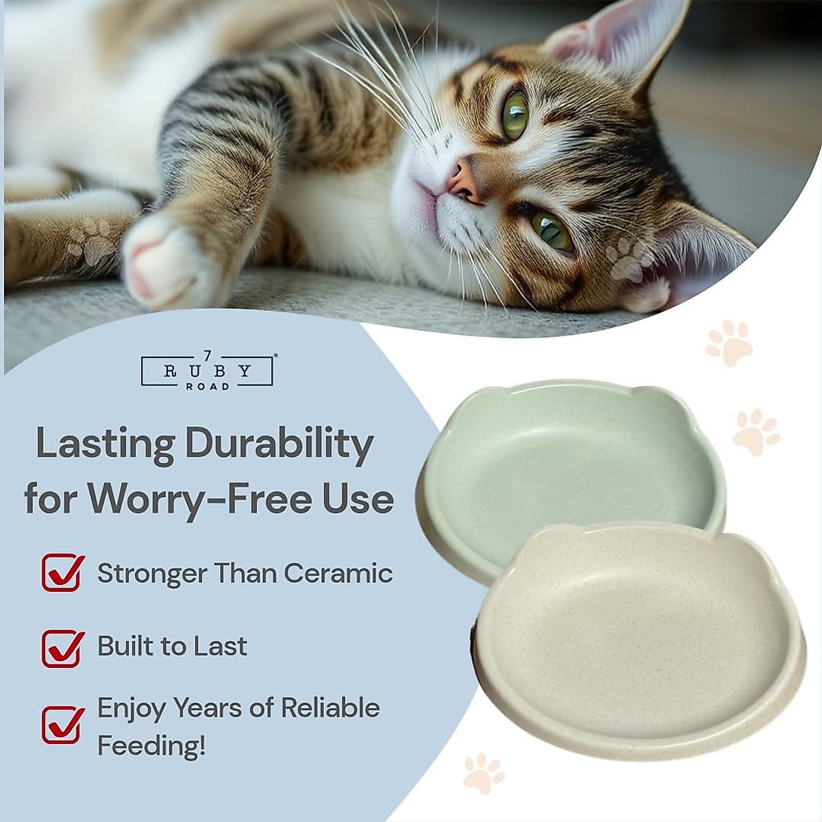 7 Ruby Road Anti Whisker Fatigue Cat Bowl, Set of 2 - Wide Cat Food Bowls, Wet and Dry Shallow Cat Food Dish, Small Cat Dishes for Indoor Cats, Cute Kitten Bowls Whisker Friendly & Relief, Non-Slip