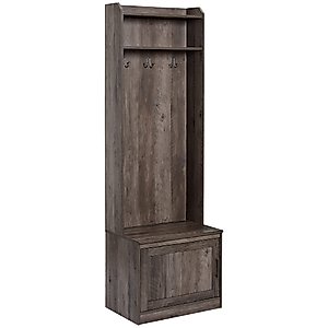 HOMCOM Narrow Hall Tree with Shoe Storage Bench, Rustic Entryway Bench with Coat Rack, Accent Coat Tree with Storage Shelves for Hallway, Mudroom, Brown