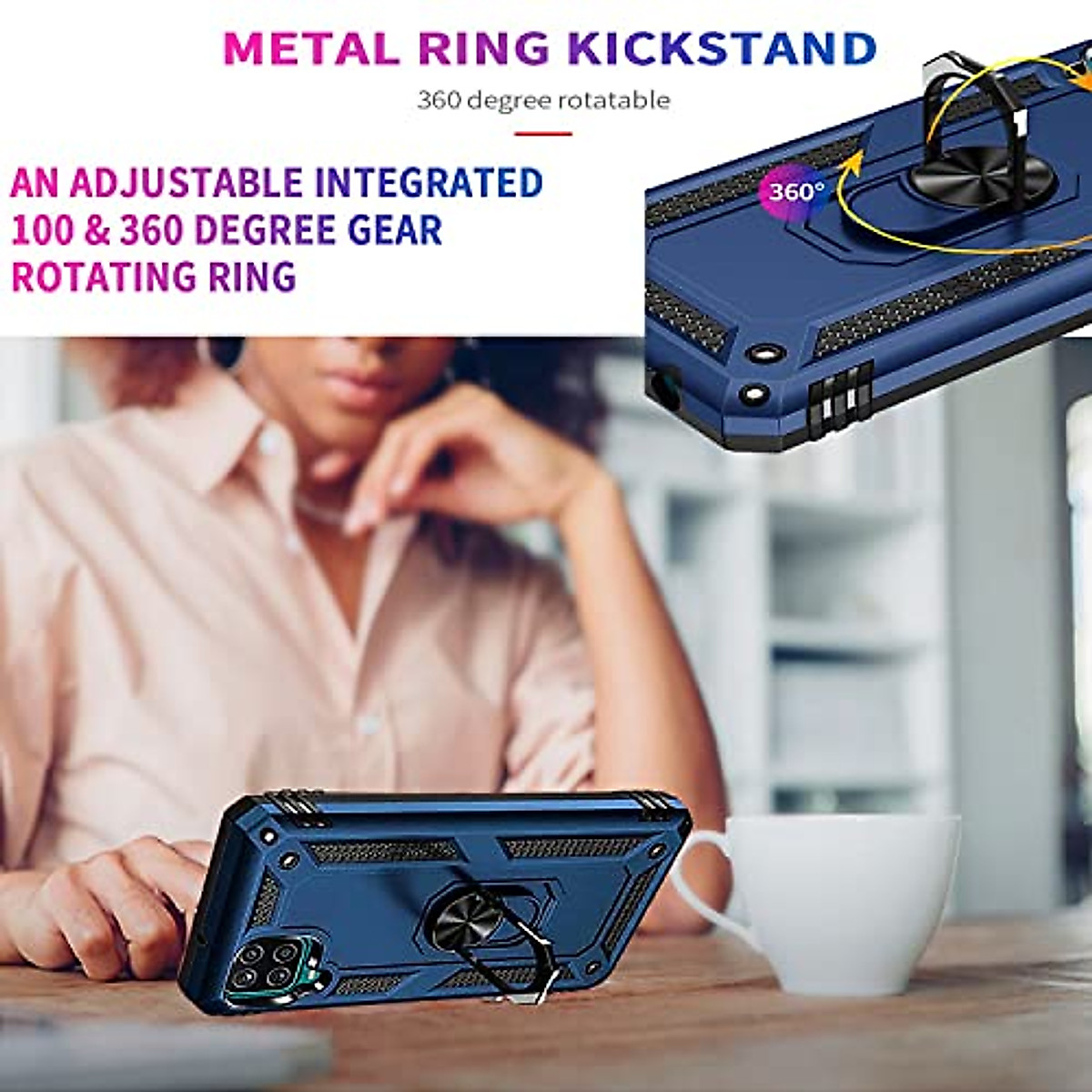 STARSHOP Samsung Galaxy A42 5G Phone Case, with [Tempered Glass Screen Protector Included], Military Grade Shockproof Protective Dual Layer Phone Cover with Metal Ring Kickstand - Navy