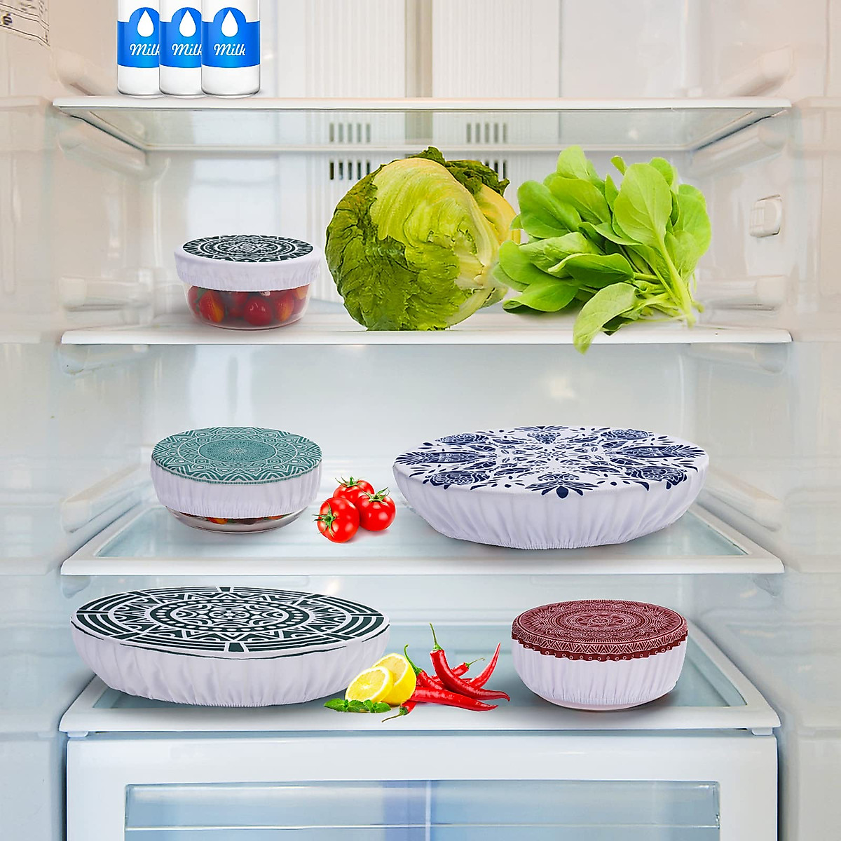 10Pcs Reusable Bowl Covers In 5 Size, Stretch Cloth Fabric Dish Cover Kitchen Storage Containers Lids for Fruits Food Leftover Dough Bread Proofing