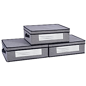 YheenLf 3 Sets China Storage Containers With Lid and Handles, Dinnerware Storage Box for Dishes Plate Storage Containers with 12 Felt Dividers, Hold 12 Plates, 17 x 13 x 6 inches, Grey