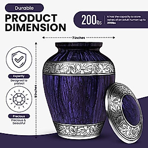 Cremation Urns for Human Ashes Large Size Adult Funeral Urns with Secured Lid for Men Women Male Female Handcrafted 9 Inch Size Purple Blue Finish 210lbs with Velvet Bag