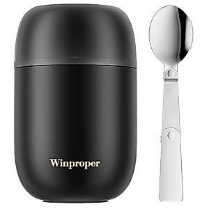 Winproper 16OZ Food Container for Hot Food, Airtight Insulated Food Jar for Adult & Kids, Stainless Steel Vacuum Lunch Container, Kids Lunch Cup with Spoon, School, Office, Picnic, Outdoor, Black