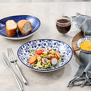 Selamica Porcelain 20oz Bowls Set Bundle with 8 inch Porcelain Pasta Bowls, Vintage Blue