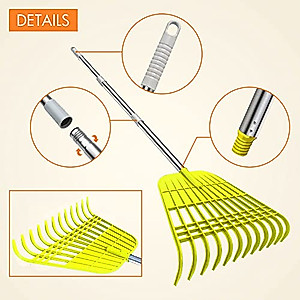 Gardzen 12 Tines Gardening Leaf Rake, Lightweight Steel Handle, Detachable, Ideal Camp Rake, Comes with Dustpan-Type Garden Bag - Yellow
