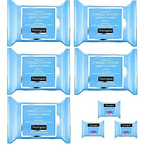 Neutrogena Makeup Remover Cleansing Towelettes, Daily Face Wipes to Remove Dirt, Oil, Makeup & Waterproof Mascara, 25 ct (5 pack + 3 Bonus Pouches)