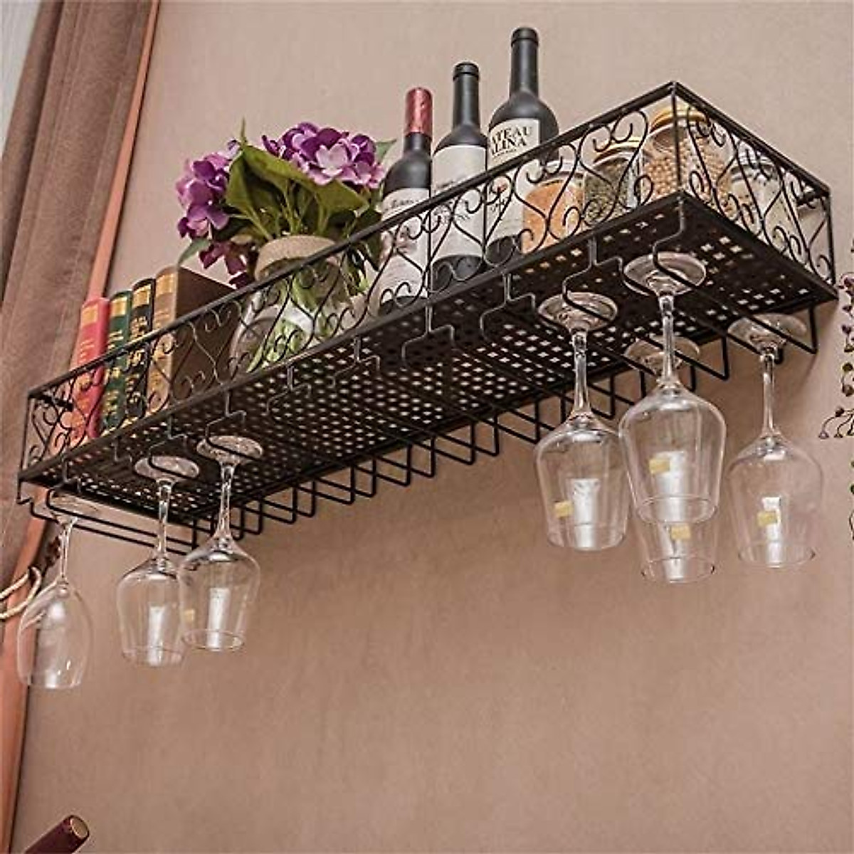 Wall Hanging Wine Rack with Glass Holder and Wine Bottle Shelf, Metal Wall Mount Bar Wine Glass Rack Stemware Goblet Storage Holder (Size : 80×25cm(32×10inch))