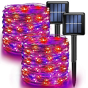 Dazzle Bright 2 Pack Purple and Orange Fairy String Lights, Total 80FT 240LED Solar Powered Fairy Lights with 8 Modes, Waterproof Copper Black Wire Lights for Outdoor Yard Party Halloween Decorations