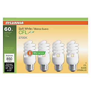 SYLVANIA CFL T2 Twist Light Bulb, 60W Equivalent, Efficient 13W, 850 Lumens, Medium Base, 2700K, Soft White - 4 Pack