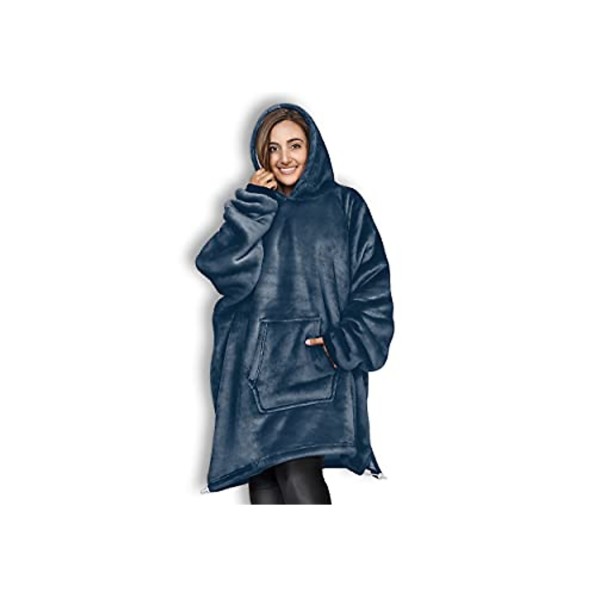 Premium Wearable Hooded Sweater Blanket for Adult Women and Men 37"x32" - Super Soft, Lightweight, Microplush, Cozy and Functional Throw Blanket (Navy Blue)
