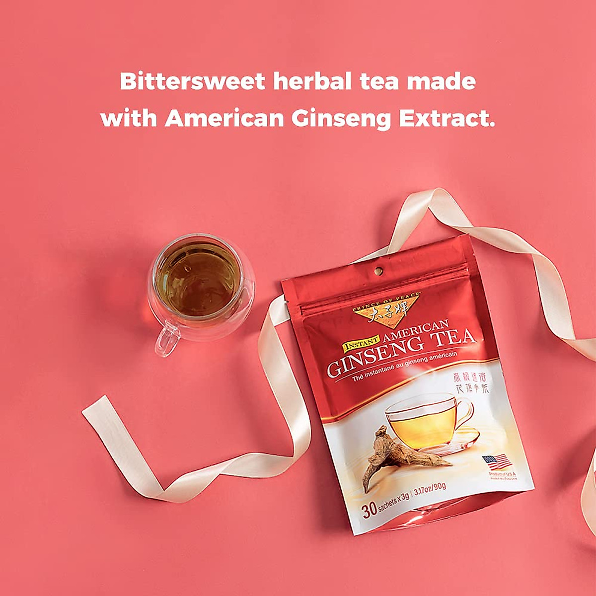 Prince of Peace Instant American Ginseng Tea, 30 Sachets – Healthy Drink, Caffeine-Free Energy-Boosting, Heavy Antioxidants, Made in The USA, Plant Extracts