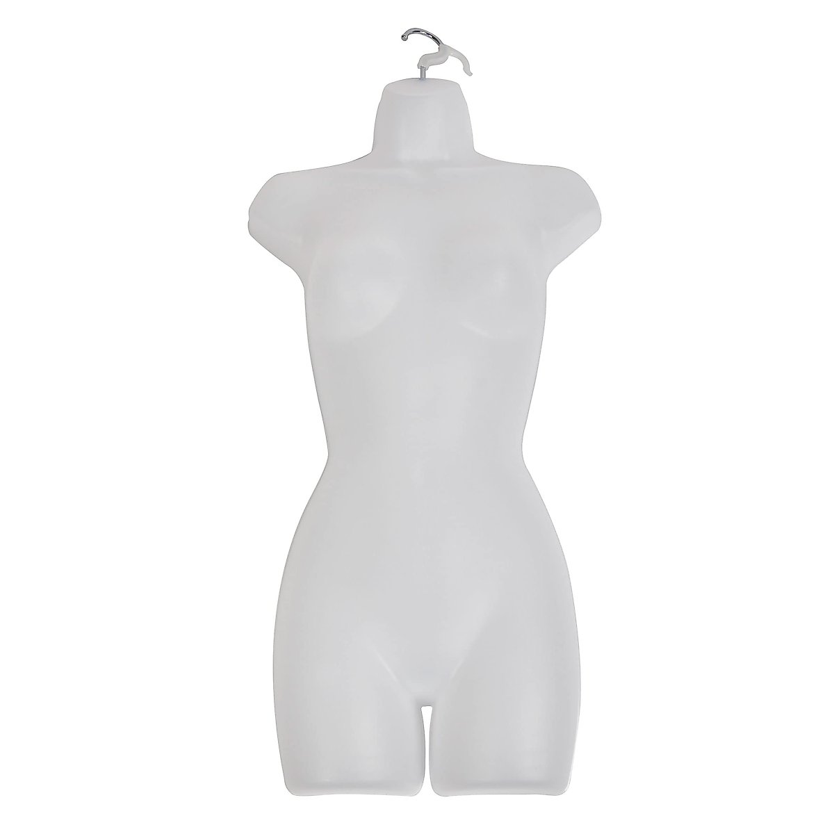 SSWBasics Female Molded Shatterproof Frosted Shapely Torso Form with Hook - Fits Women's Sizes 5-10 - Hanging Fashion Form Mannequin to Display Top and Bottom Merchandise