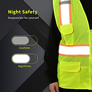 SHORFUNE High Visibility Safety Vest with 10 Pockets, Mic Tabs, Zipper and Reflective Strips, Reflective Construction Vest for Men and Women, ANSI/ISEA Standards, Yellow, M