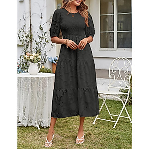 MEROKEETY Women's 2025 Summer Puff Sleeve Smocked Floral Dress Crewneck Lace Flowy Tiered Midi Dresses,Black,M