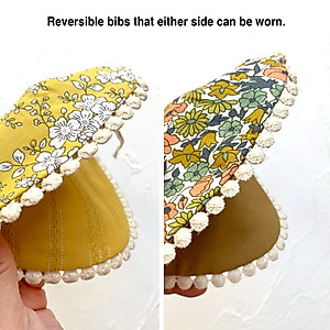 Cherssy Baby Girl Reversible Bibs, Boho Bibs with Crochet Lace and String Ties Pom Pom, Floral Cotton bibs for Newborn Infant Toddler, 2 Pack Mustard/Brown