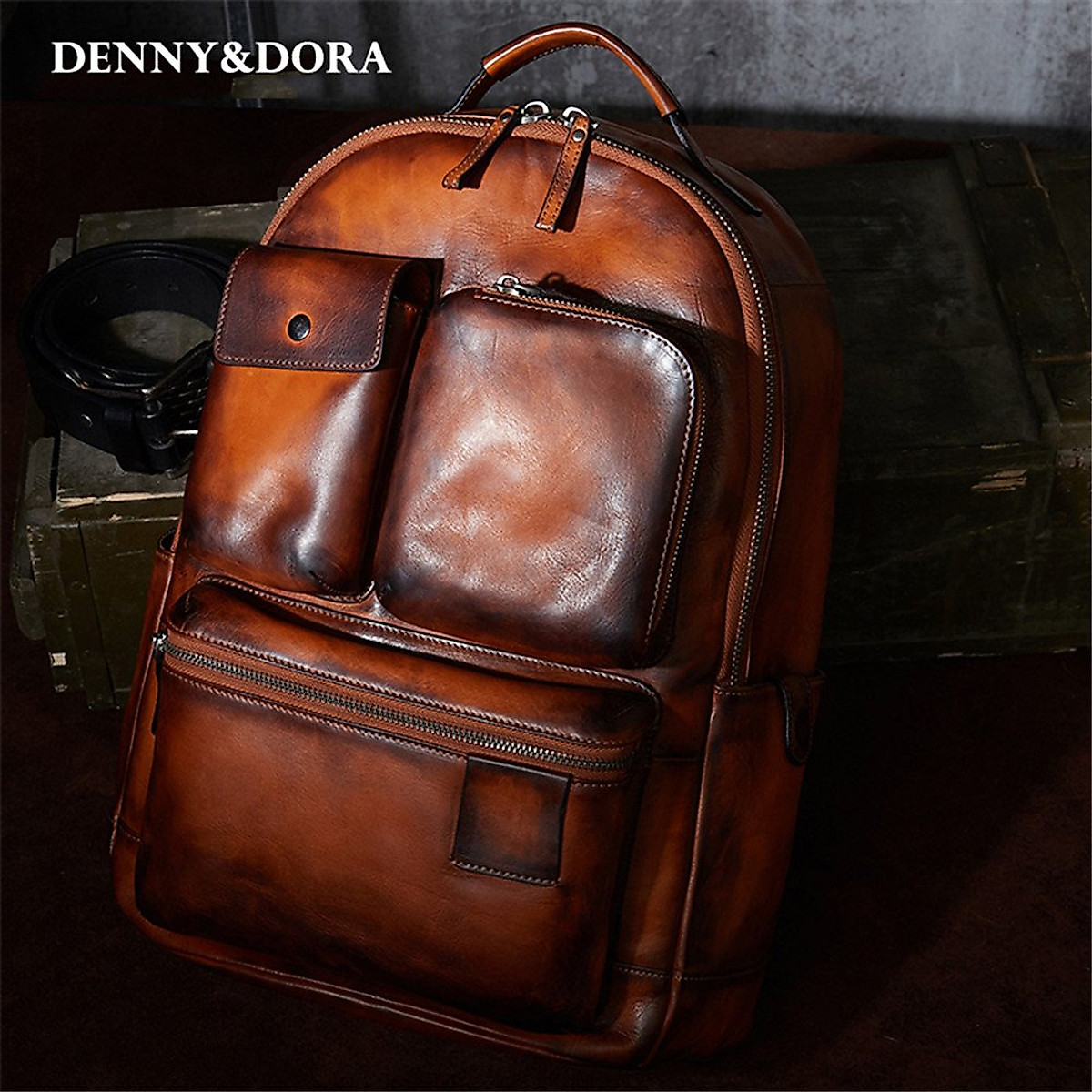 Denny&Dora Genuine Leather Backpack Luxury Vintage Laptop Bag Multi Pockets Bookbag Mens Casual Travel Daypack Large Capacity (Brown)