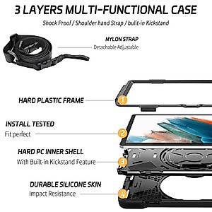 ZenRich Samsung Galaxy Tab A8 Case 10.5'' 2022 (SM-X200/X205/X207), Shockproof Case with 360 Rotating Stand/Hand Strap/Shoulder Strap Kids Students Galaxy Tab A8 10.5'' Tablet Case -Black