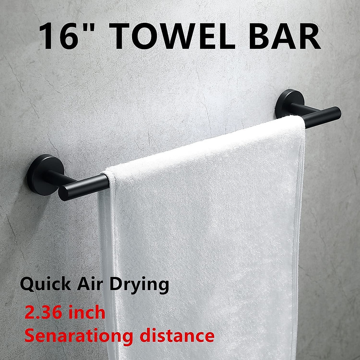 5 PCS Matte Black Bathroom Hardware Set,304 Stainless Steel Towel Rack Set Round Wall Mounted Includes 16" Hand Towel Bar,Toilet Paper Holder,3 Towel Hooks Bathroom Accessories Kit (Black)