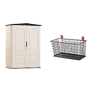 Rubbermaid Storage Shed 5x2 Feet, Sandalwood/Onyx Roof (FG5L1000SDONX), Sandstone & Shed Accessories Large Wire Basket, Individual, Black
