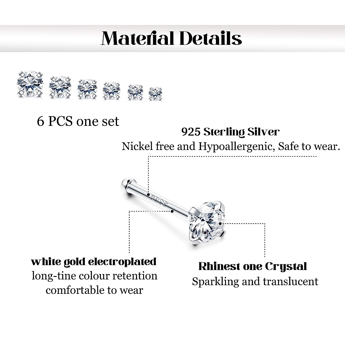 Sllaiss 6 Pcs 20G Nose Ring Studs 925 Sterling Silver Nose Piercings Set for Women 1.5mm 1.8mm 2mm 2.5mm 2.8mm 3mm Body Jewelry