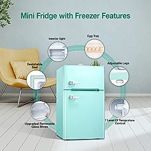 Kndko Compact Refrigerator 3.2 CU.FT. Fridge with Freezer - Dual Door Fridge - Adjustable Temperature, Energy Saving - Retro Refrigerator (Green)