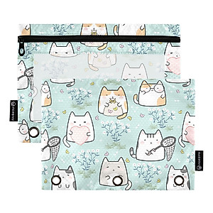 Kawaii Cute Cat Binder Pencil Pouch for 3 Ring Pencil Pouch with Zipper Clear Window Pencil Case Pencil Pouches Bags for Travel Office Supplies Cosmetic, 2 Pack