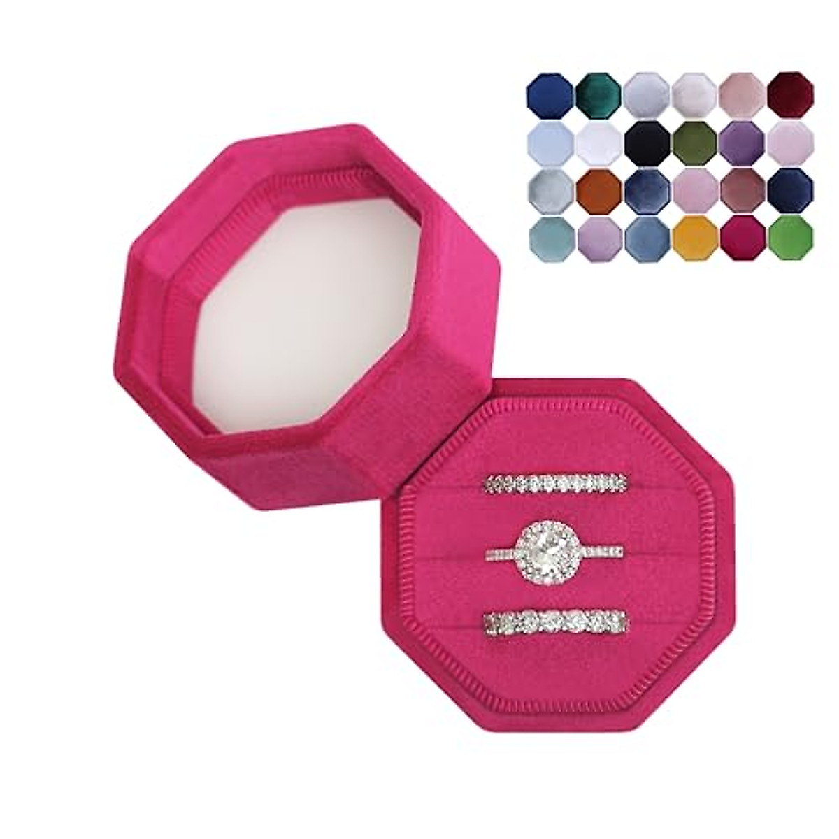 BLUTETE Velvet 3 Slots Jewelry Ring Box Engagement Wedding Box Keepsake Box Bridal Photo Ring Double Slots Octagon (Raspberry)