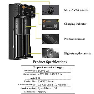 WISSBLUE i2 Universal Battery Charger, 2 Bay 2A Fast Charger for 26650 21700 18650 18490 18350 17670 17500 16340 14500 Li-Ion Rechargeable Batteries, RCR123A, Ni-MH Ni-Cd A AA AAA