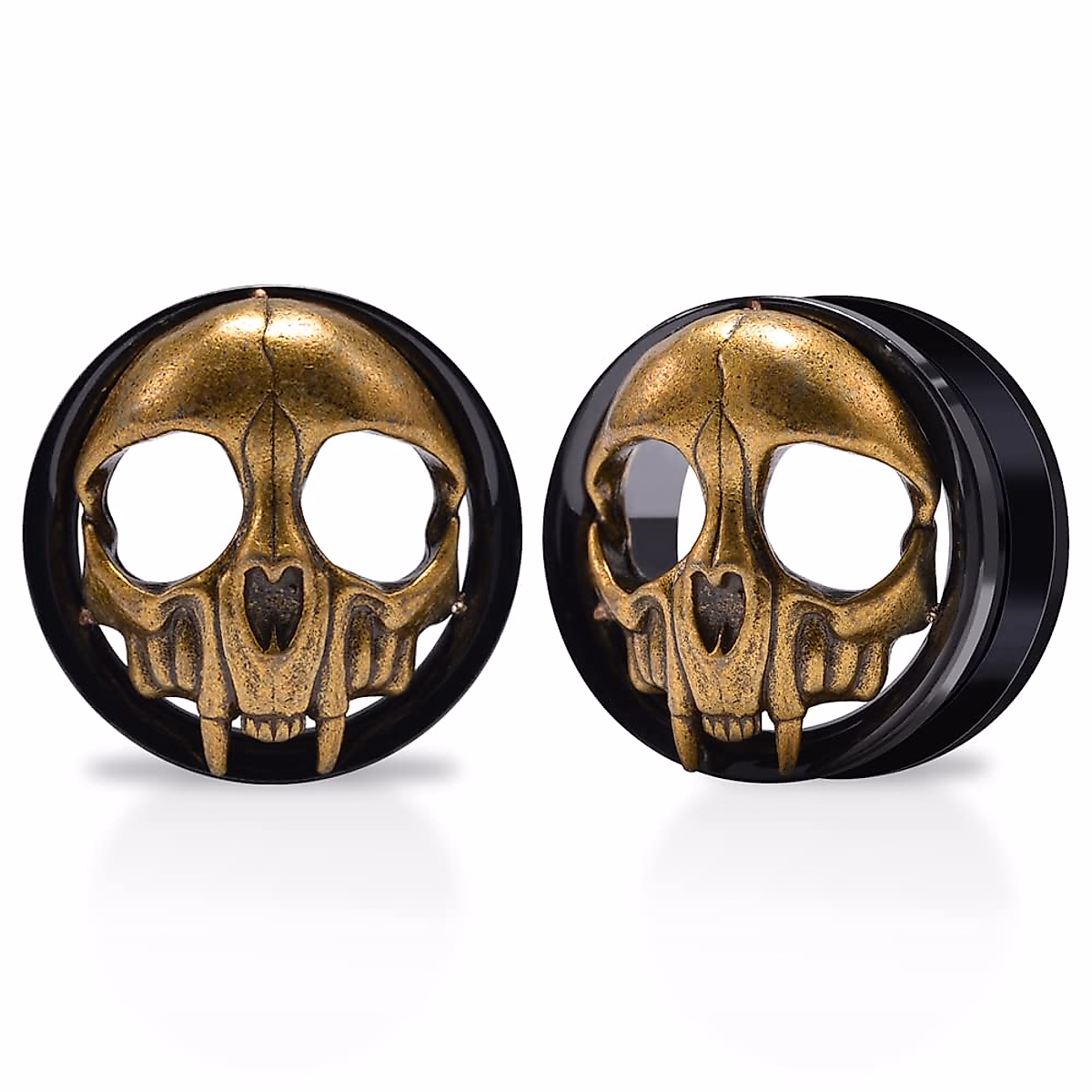 POBAISITER 2PCS Stainless Steel Ear Gauges Tunnels Expander Vintage Black Gold Skull 0g-1 inch Body Piercing Jewelry