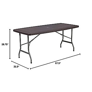 Flash Furniture Elon 5.62-Foot Brown Rattan Indoor-Outdoor Plastic Folding Table with Umbrella Hole