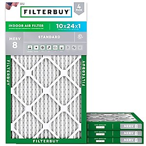 Filterbuy 10x24x1 Air Filter MERV 8 Dust Defense (4-Pack), Pleated HVAC AC Furnace Air Filters Replacement (Actual Size: 9.50 x 23.50 x 0.75 Inches)