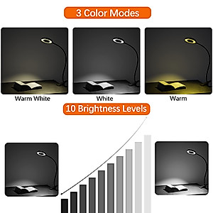 Juhefa Clip on Light, USB Powered LED Desk Lamp with Gooseneck for Reading in Bed, Headboard, Office, Makeup, 10-Level Dimmable, 3 Colors Changable (with Adapter)