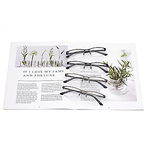 HIGHLIKE 4-Pack Blue Light Reading Glasses for Men, Metal Half Frame Readers Spring Hinge Clear Lens Eyeglasses with Pouches, Semi Rimless 2 Black 2 Gunmetal 2.0 x