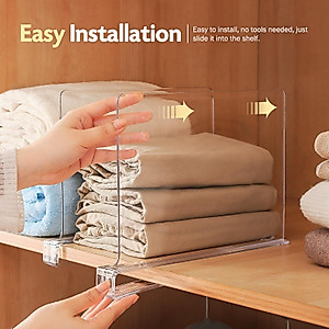 Sclvdi Acrylic Shelf Dividers,8 Pcs Closets Shelf Organizer for Clothing Handbags Books in Pantry, Bedroom and Kitchen, Adjustable Clear Closet Separator Wood Shelves Organize(11.1x 8.1)