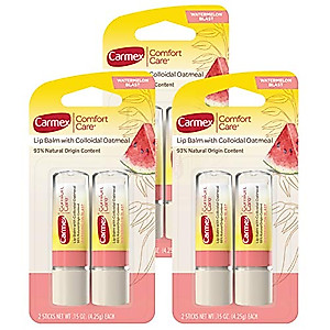 Carmex Comfort Care Lip Balm Sticks with Colloidal Oatmeal, Watermelon Blast Flavor, 6 Count (3 Packs of 2)