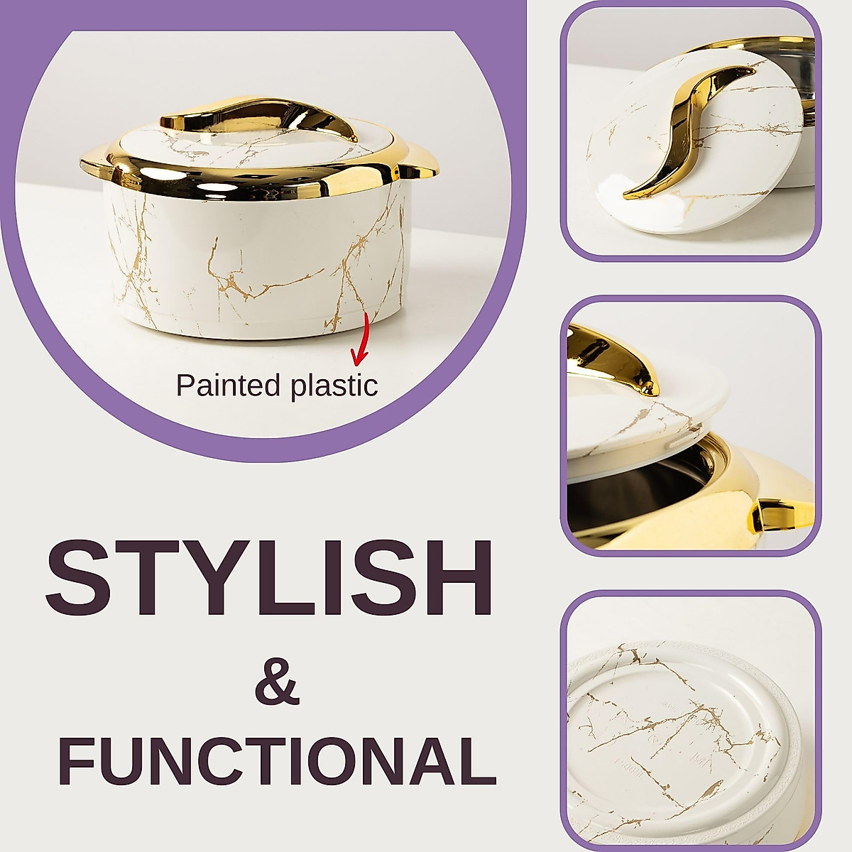 Hywisnok Luxury 3-Piece 2.6/2.1/1.6qt Thermal Casserole Dish Set with Lids, Insulated Stainless Steel Container for Hot & Cold Food, Serving Bowl for Buffets/Parties-Marble White