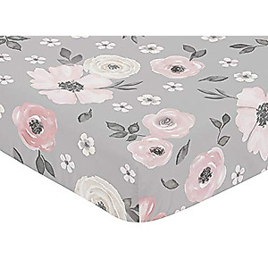 Sweet Jojo Designs Grey Watercolor Floral Girl Fitted Crib Sheet Baby or Toddler Bed Nursery - Blush Pink Gray and White Shabby Chic Rose Flower Farmhouse