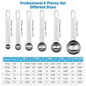 Upgrade Stainless Steel Measuring Spoons Set, Small Tablespoon, Teaspoons, Set 6 with Bonus Leveler, Etched Markings and Removable Clasp for Dry and Liquid, Fits in Spice Jars
