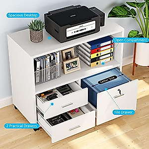 Tribesigns 3 Drawer File Cabinet with Lock, Mobile Lateral Filing Cabinet with Rolling Wheels, Large Printer Stand with Open Storage Shelves for Home Office (White)
