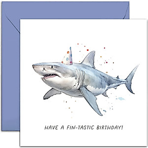 Old English Co. Funny Shark Birthday Card for Him or Her - 'Fintastic Birthday' Humorous Birthday Card for Men and Women - Birthday Card for Brother, Sister, Son, Daughter | Blank Inside Envelope