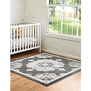 Unique Loom Parker Collection Colorful Medallion Charcoal/Ivory Square Rug (5' 0 x 5' 0)
