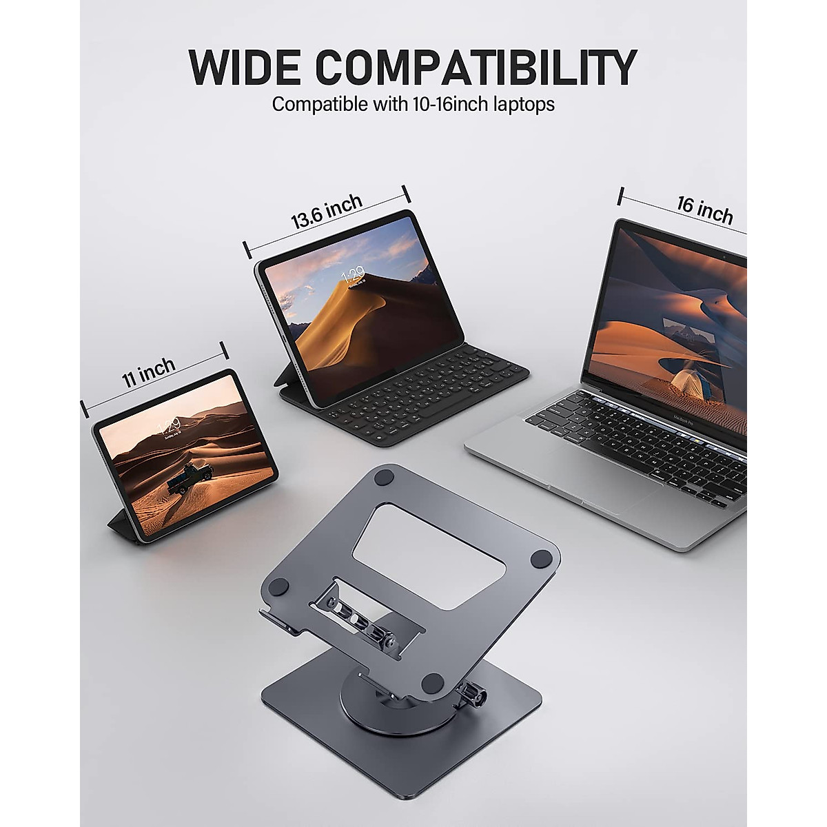 AOEVI Laptop Stand for Desk, Adjustable Laptop Stand with 360 Rotating Base Foldable Laptop Riser Compatible with MacBook Pro/Air Notebook up to 16 Inches, Grey