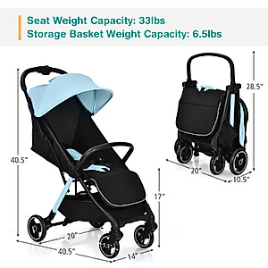 HONEY JOY Lightweight Baby Stroller, Compact Travel Stroller for Airplane, Fits Airplane Cabin & Overhead, One-Hand Gravity Fold, Self-Standing Toddler Stroller w/Adjustable Backrest/Canopy(Blue)