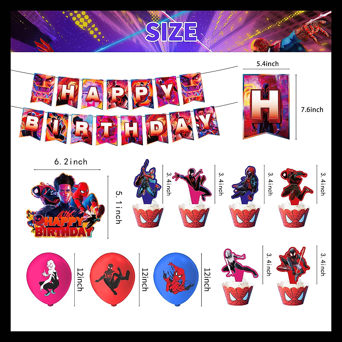 Miles Morales Party Supplies Spider Birthday Decorations for Boys Include Happy Birthday Bannner, 18 Latex Balloons, 1 Cake Topper and 12 Cupcake Toppers for Across Spider Party Decorations