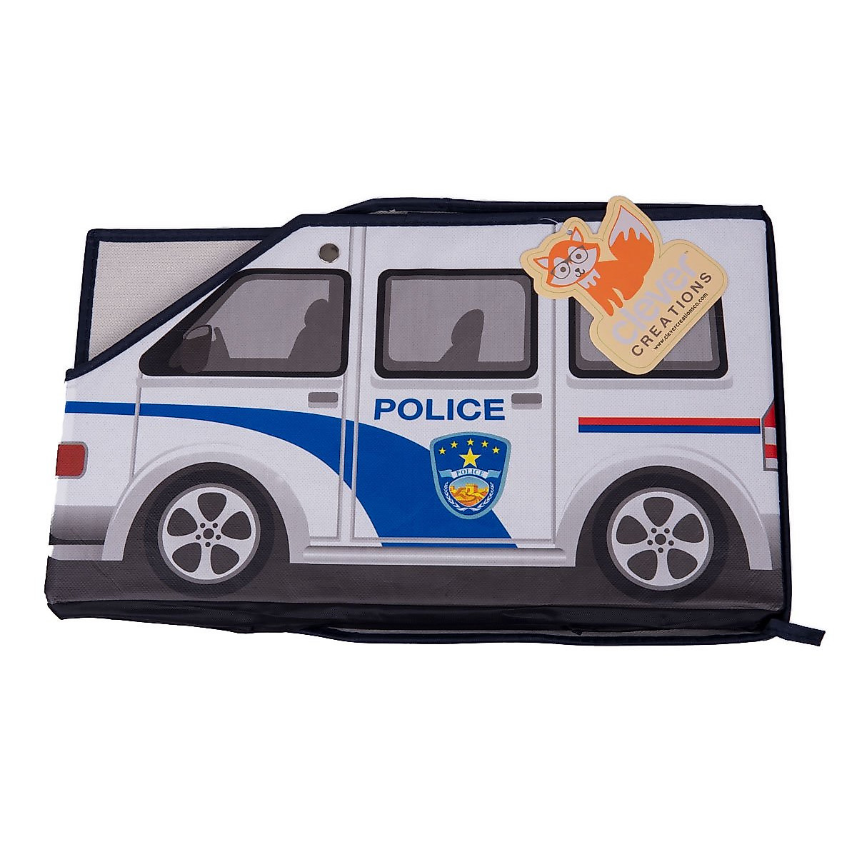 Clever Creations Collapsible Storage Organizer and Ottoman, Perfect Vehicle Themed Toy Chest for Storing Books, Shoes, Games and More, Police Car